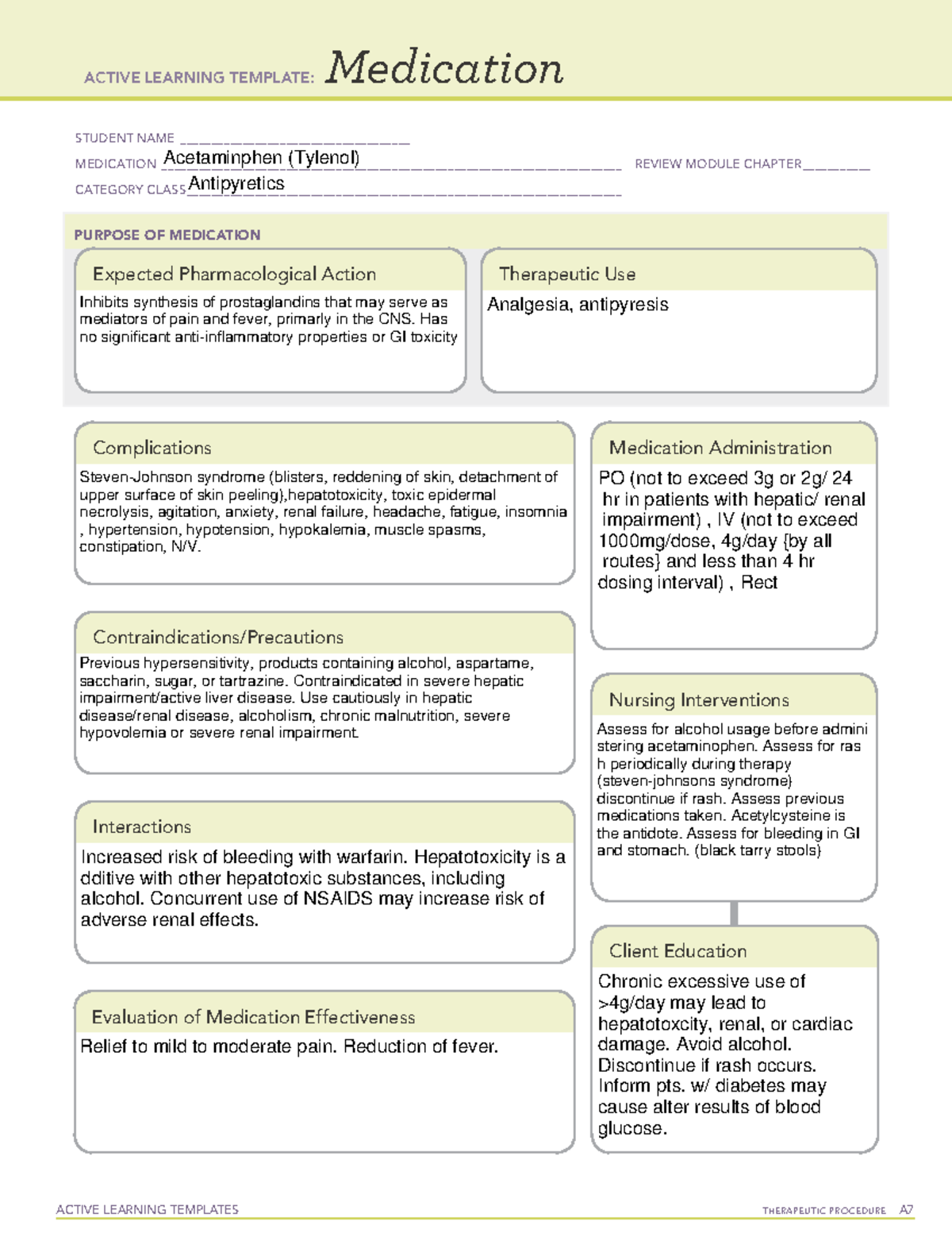 Actetaminophen- Med Template - ACTIVE LEARNING TEMPLATES THERAPEUTIC ...