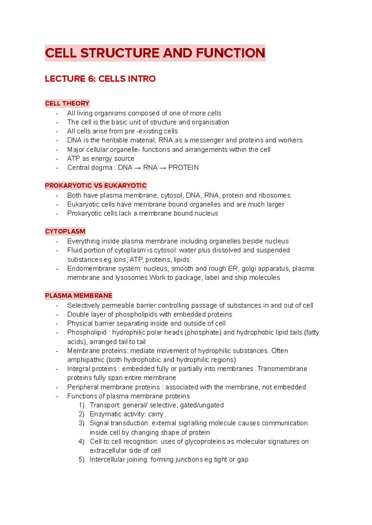 CELL Structure AND Function - CELL STRUCTURE AND FUNCTION LECTURE 6: CELLS INTRO CELL THEORY All ...