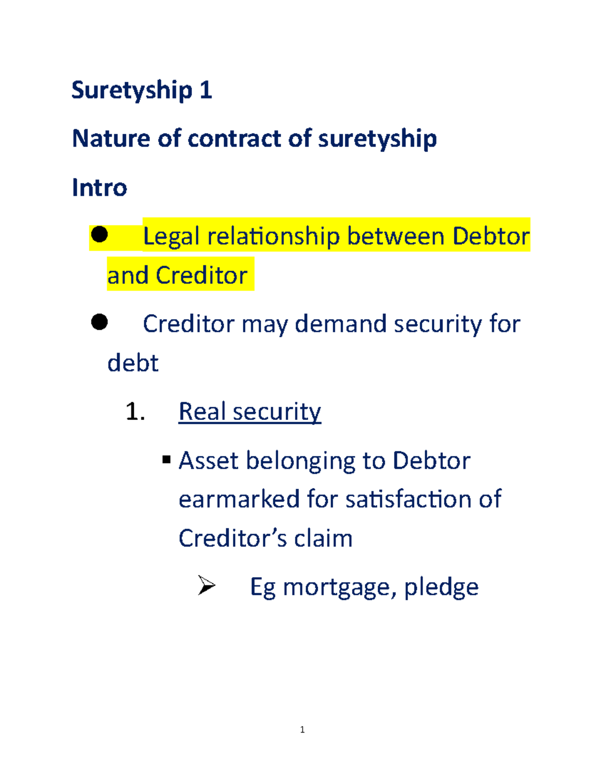 Suretyship Lecture Notes 1 - Suretyship 1 Nature of contract of ...