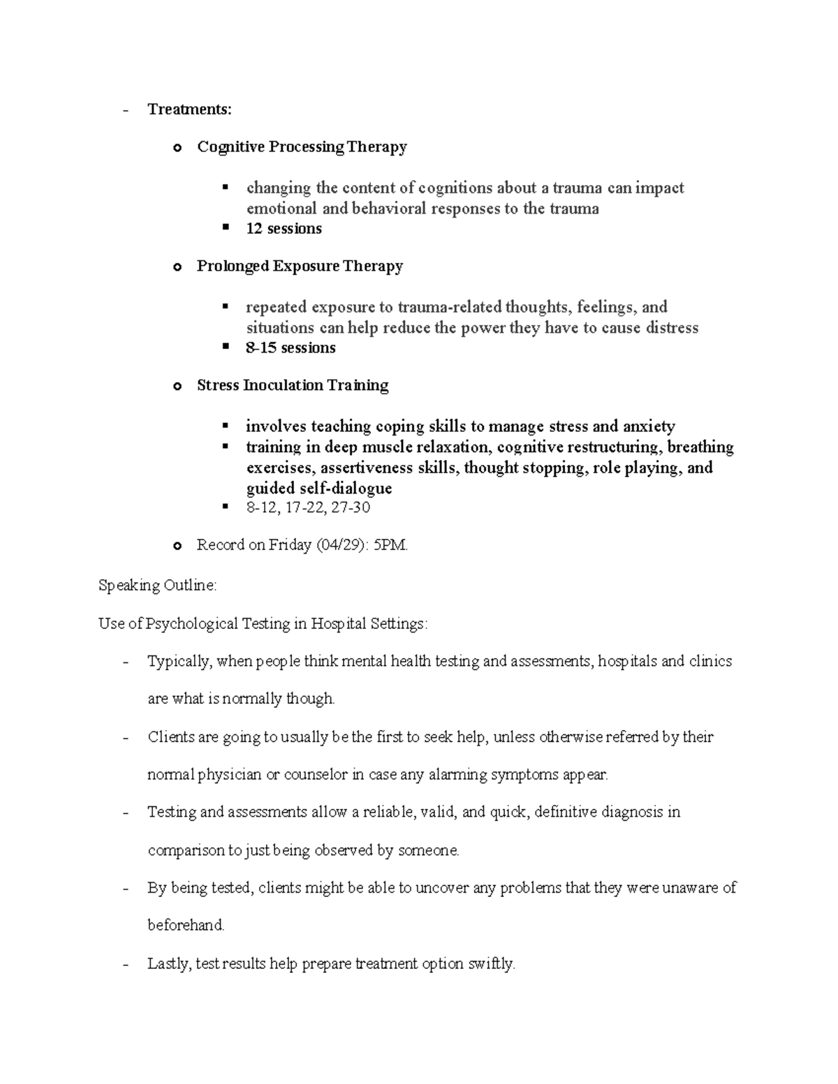 Group Project Outline - Treatments: o Cognitive Processing Therapy ...