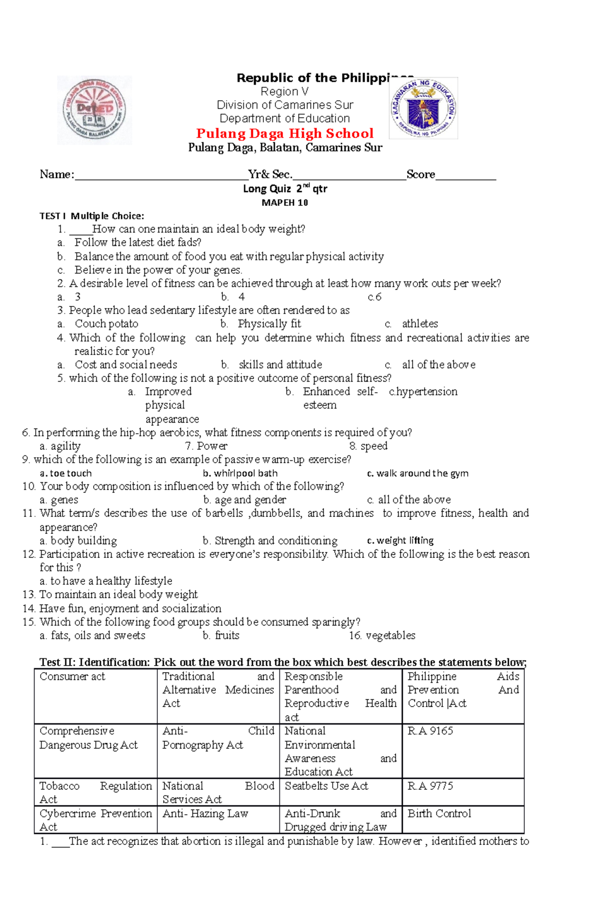 TQ.in Mapeh 10 2nd qtr - SECOND QUARTER EXAM IN MUSIC ARTS PE AND ...