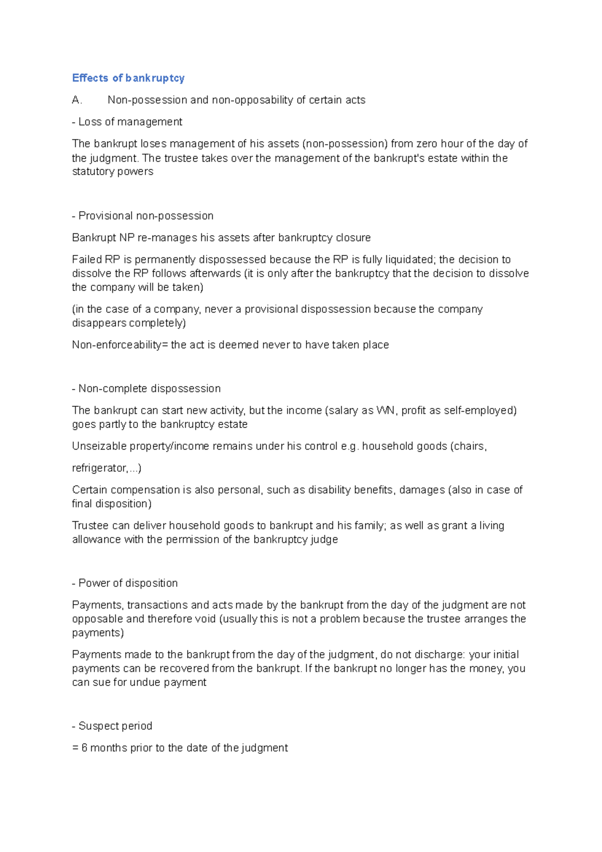 Effects of bankruptcy 9 - Non-possession and non-opposability of ...