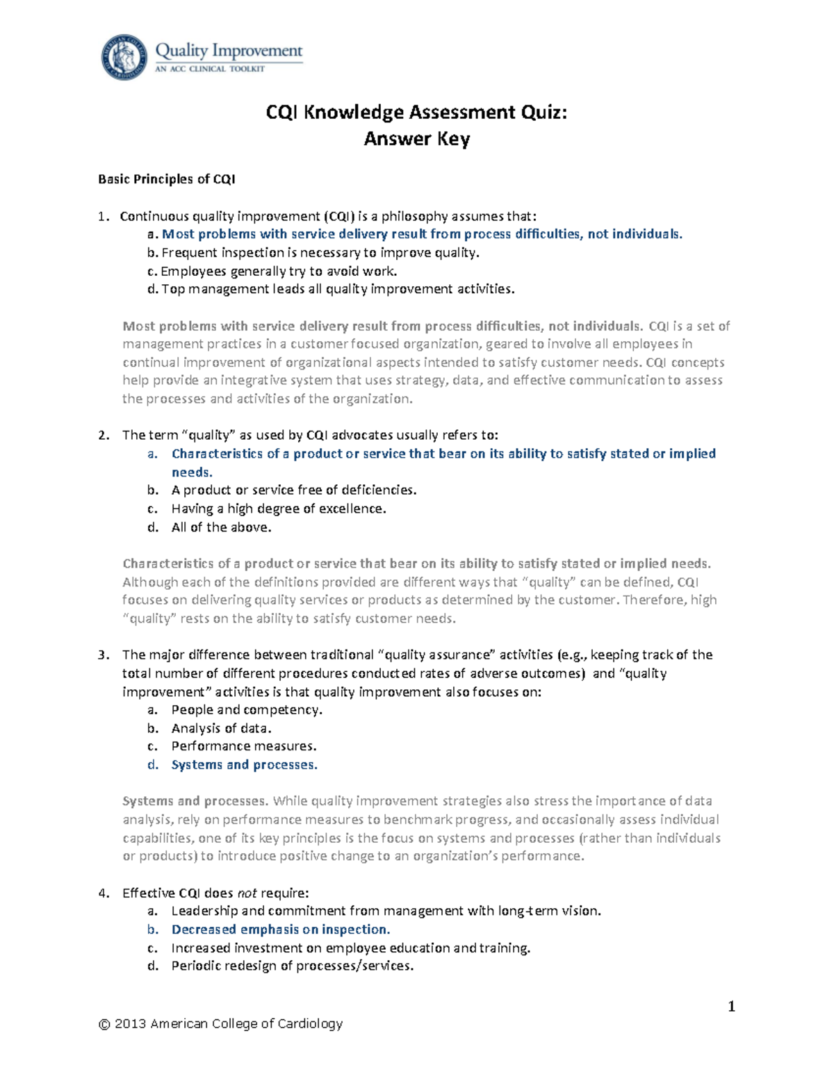 CQI Knowledge Assessment Quiz - 1 CQI Knowledge Assessment Quiz: Answer ...
