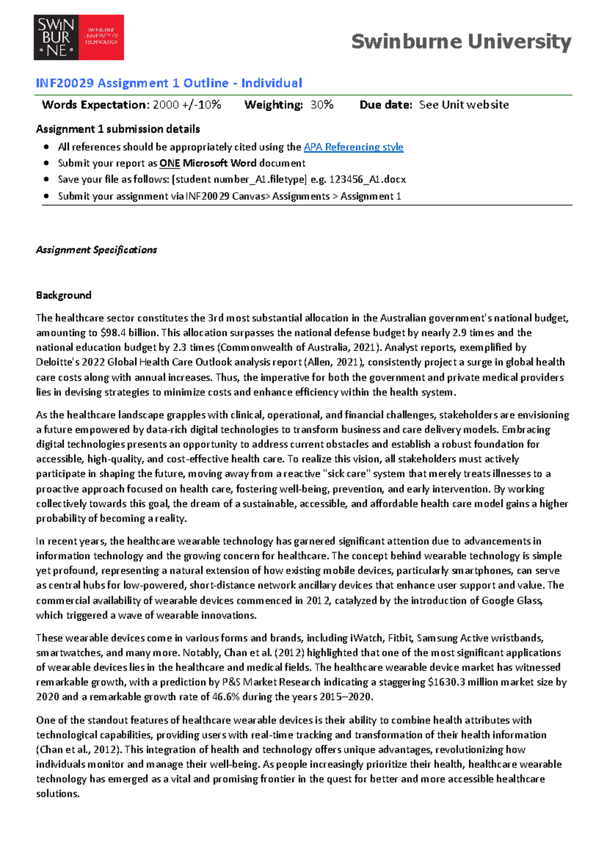Assignment 1 individual HS1 2024 - Swinburne University INF20029 Assignment 1 Outline ...
