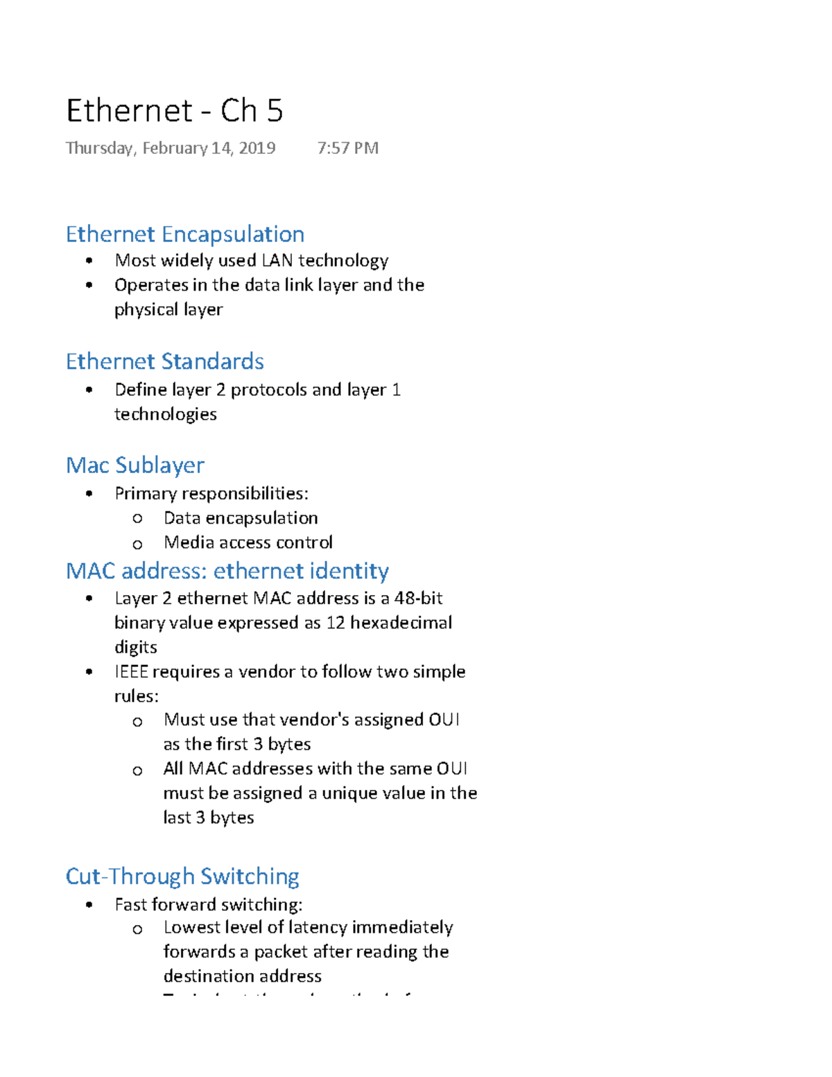 Ethernet - Ch 5 - Lecture notes - Ethernet Encapsulation " Most widely ...
