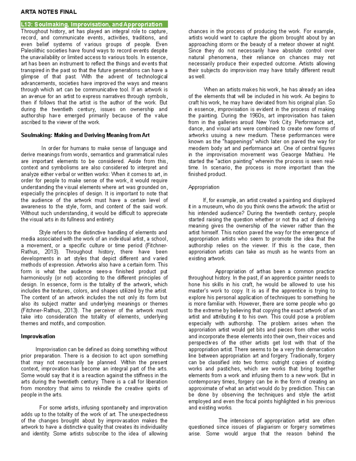ARTA Finals NOTE - ARTA NOTES FINAL L13: Soulmaking, Improvisation, and ...
