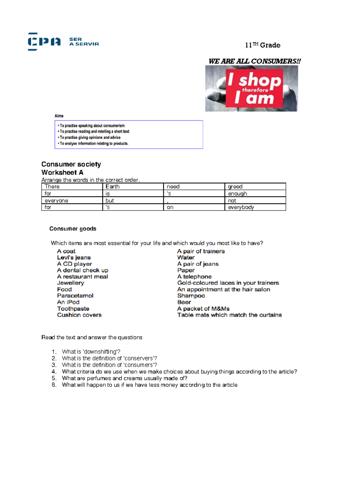Consumerism worksheet - 11 TH Grade WE ARE ALL CONSUMERS!! Consumer ...
