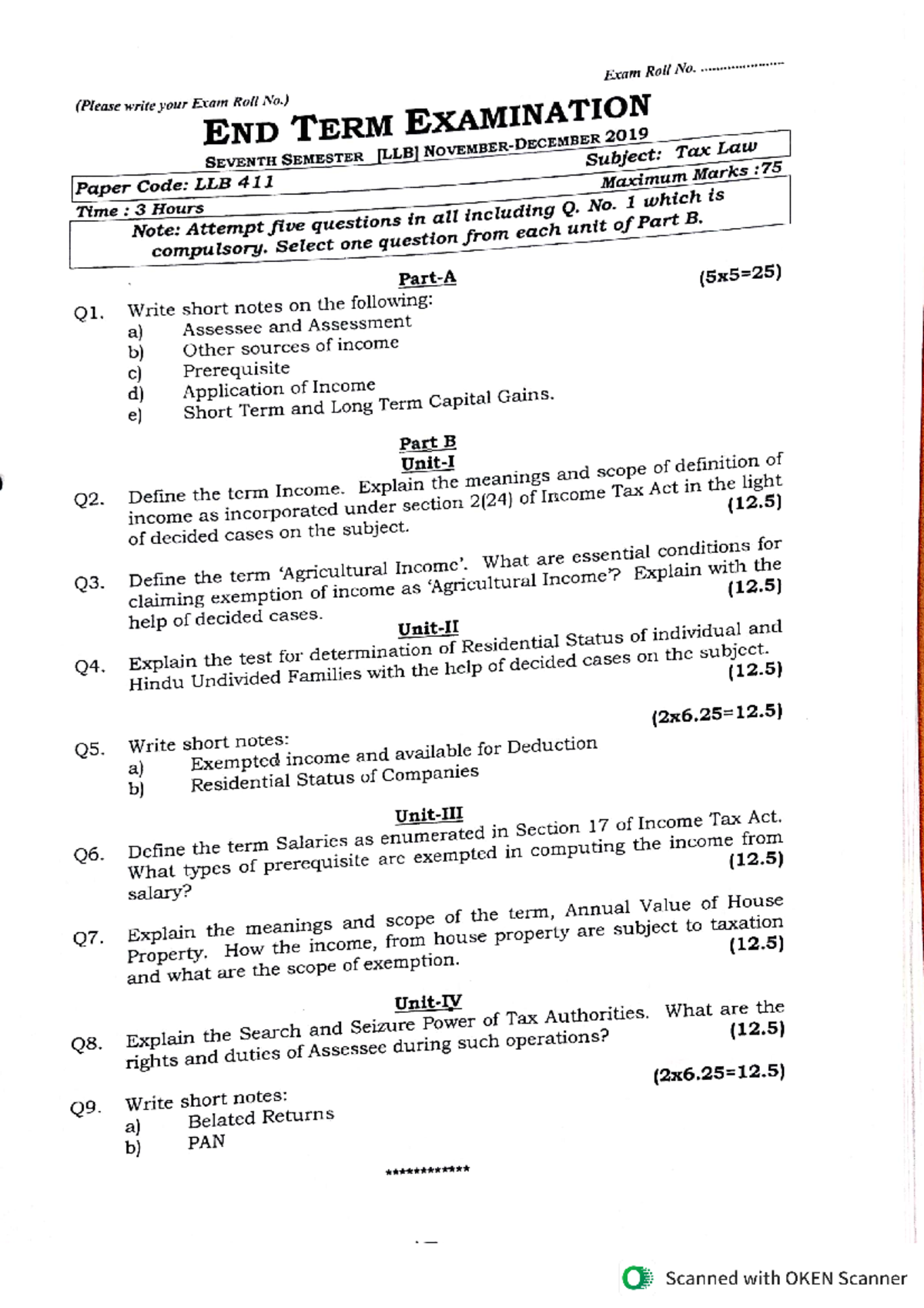 Ballb 7thsem - All law papers from 2019 - Exam Roll No. (Please write your Exam Roll No.) END ...