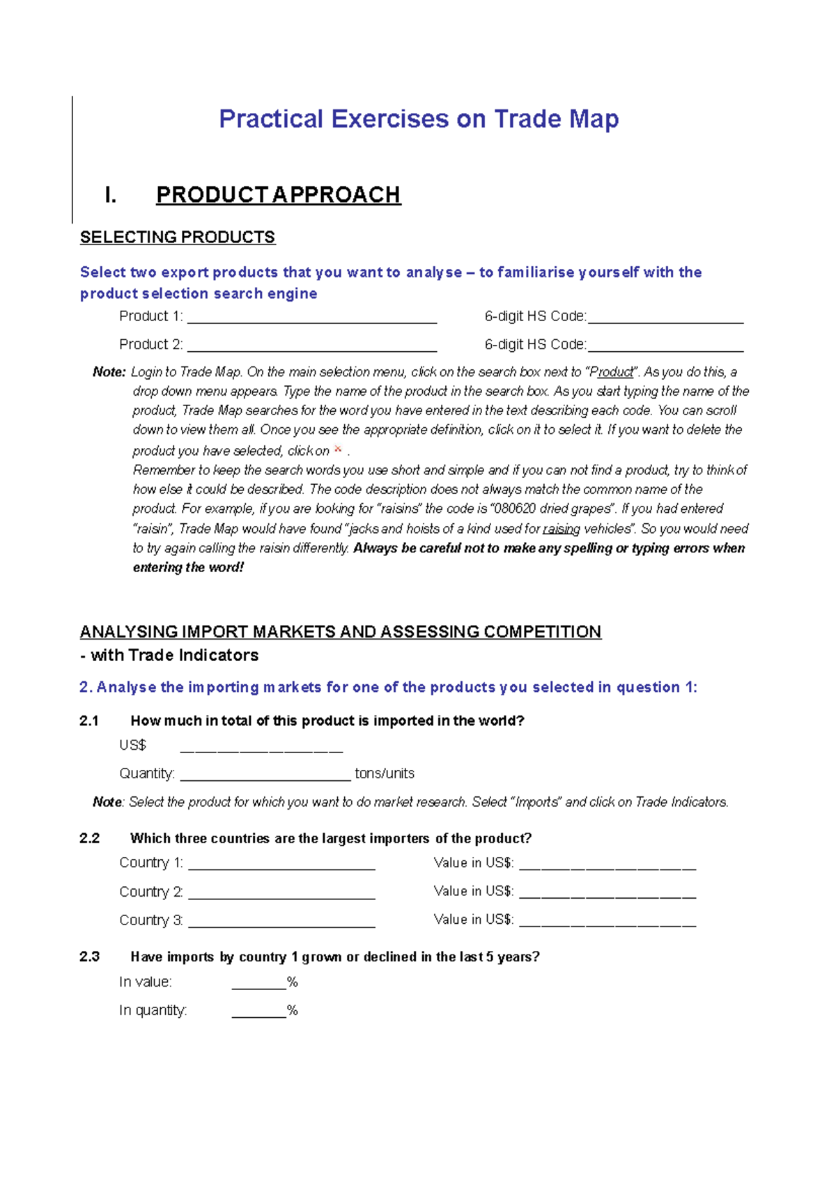 Trademap exercise - Practical Exercises on Trade Map I. PRODUCT ...