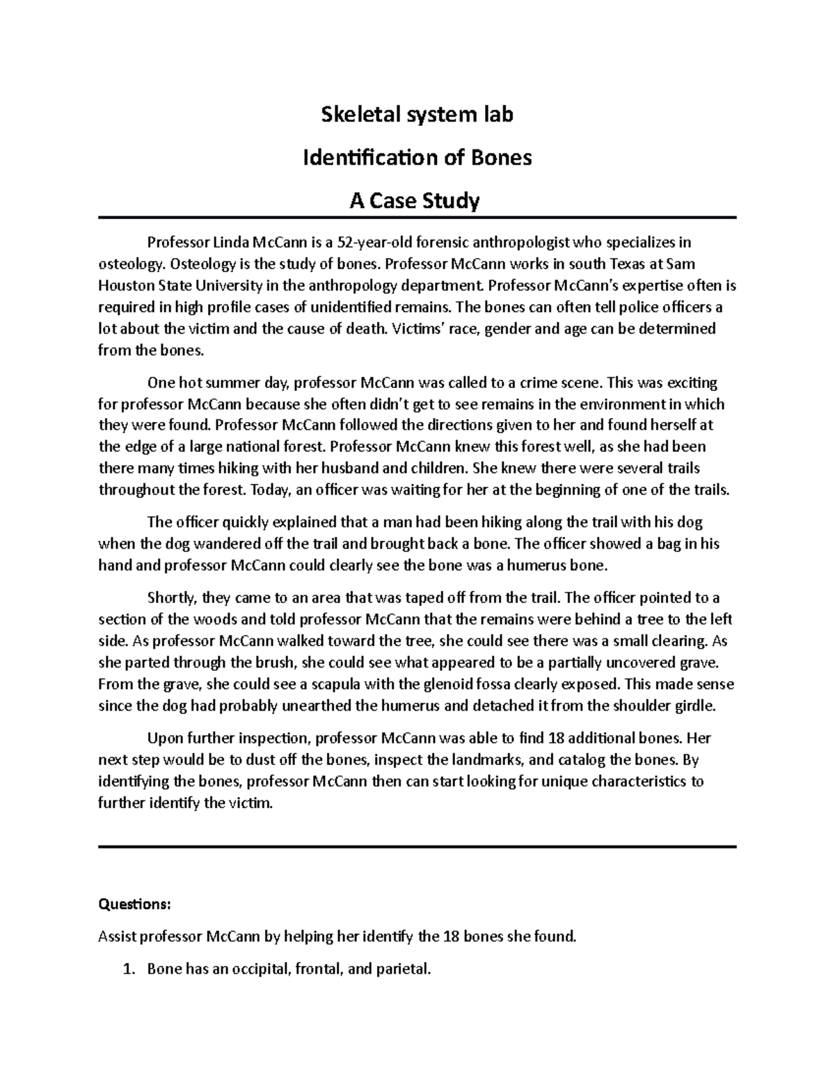 Skeletal system lab - description of bones and what bones they are ...