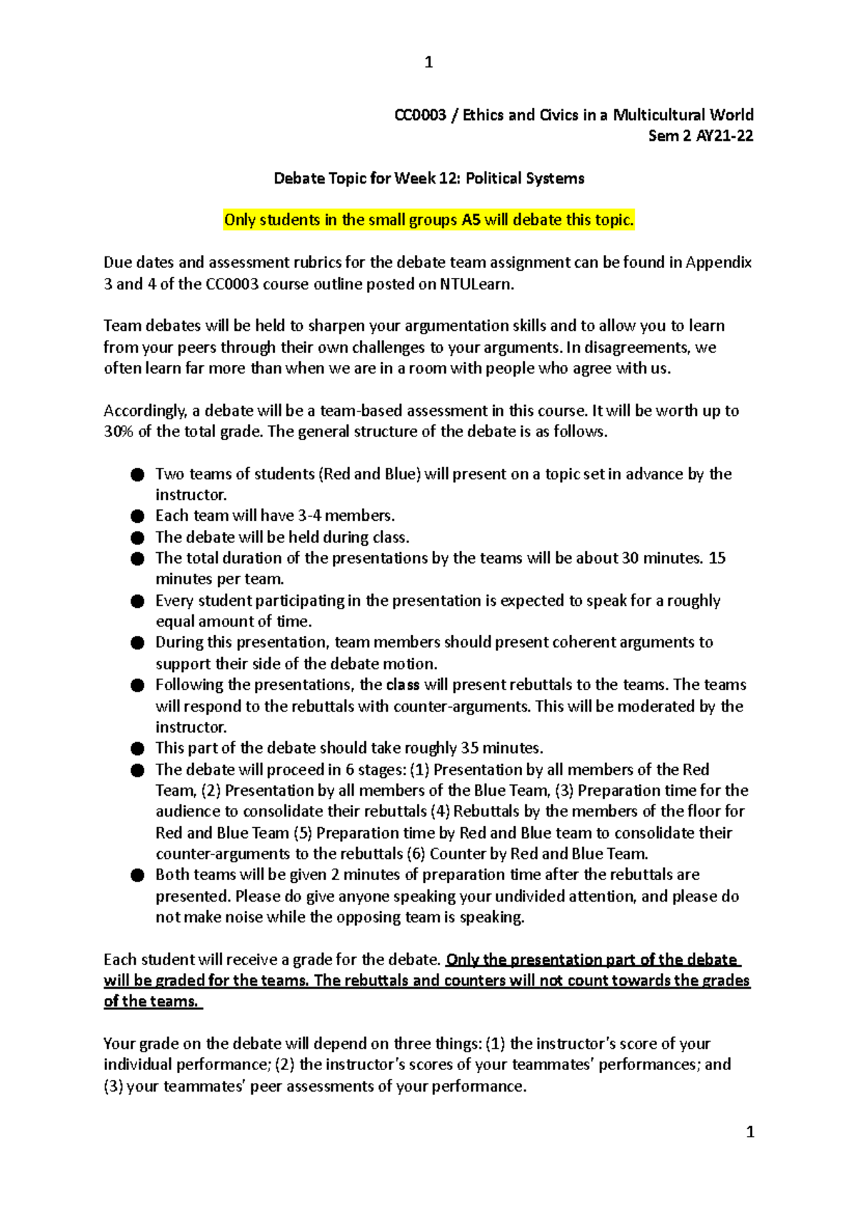 Debate A5 (1) - 1 CC0003 / Ethics and Civics in a Multicultural World ...