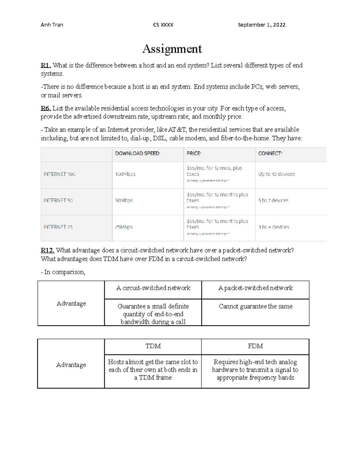 Assginment-1 - Assignment 1 - Assignment R1. What is the difference between a host and an end ...