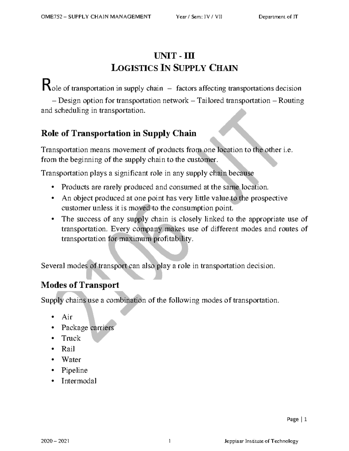 Pdmain unit - good book - UNIT - III LOGISTICS IN SUPPLY CHAIN Role of ...