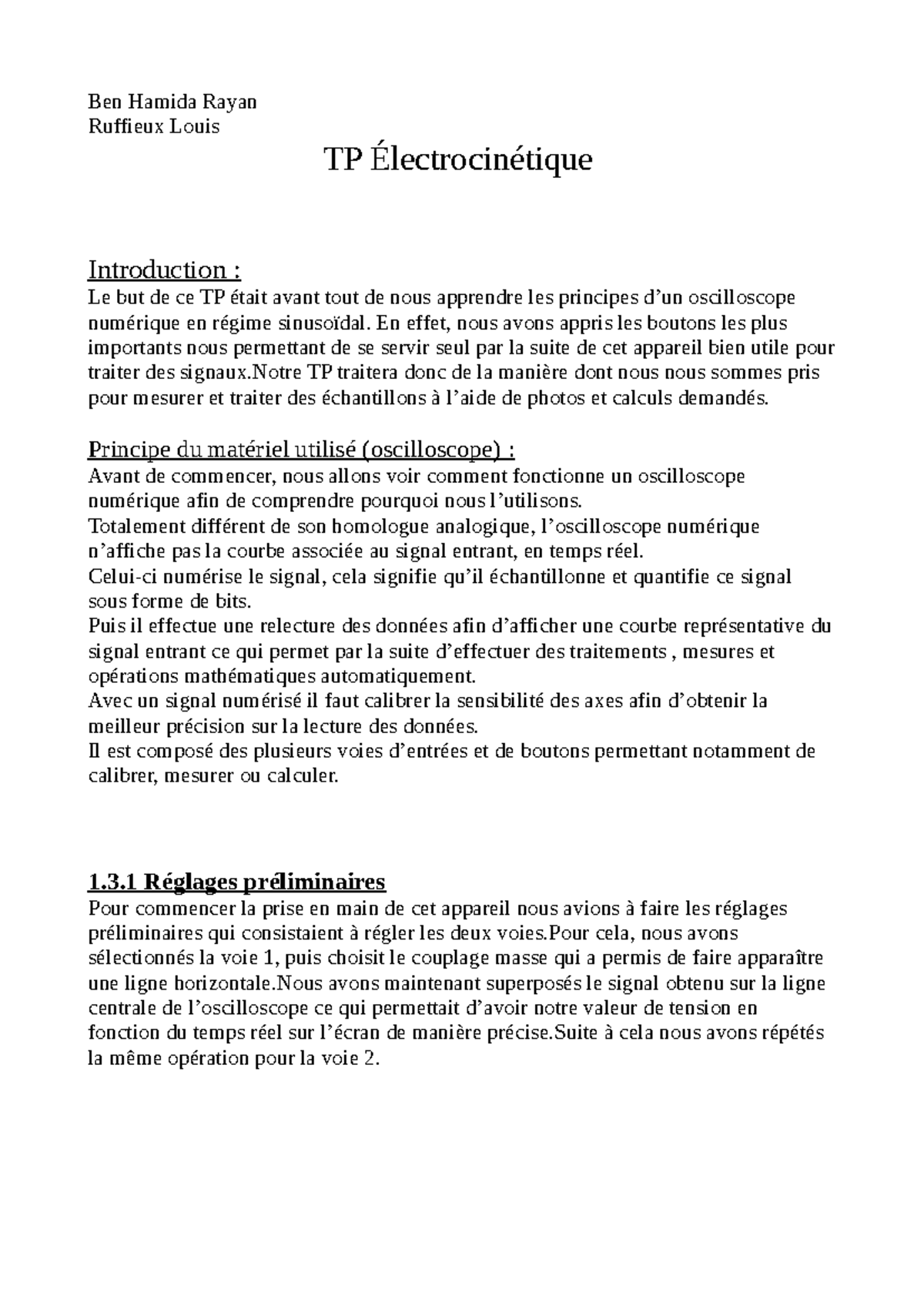 TP1-Electrocinetique-Rayan-Ben-Hamida Louis-Ruffieux - Ben Hamida Rayan Ruffieux Louis TP - Studocu