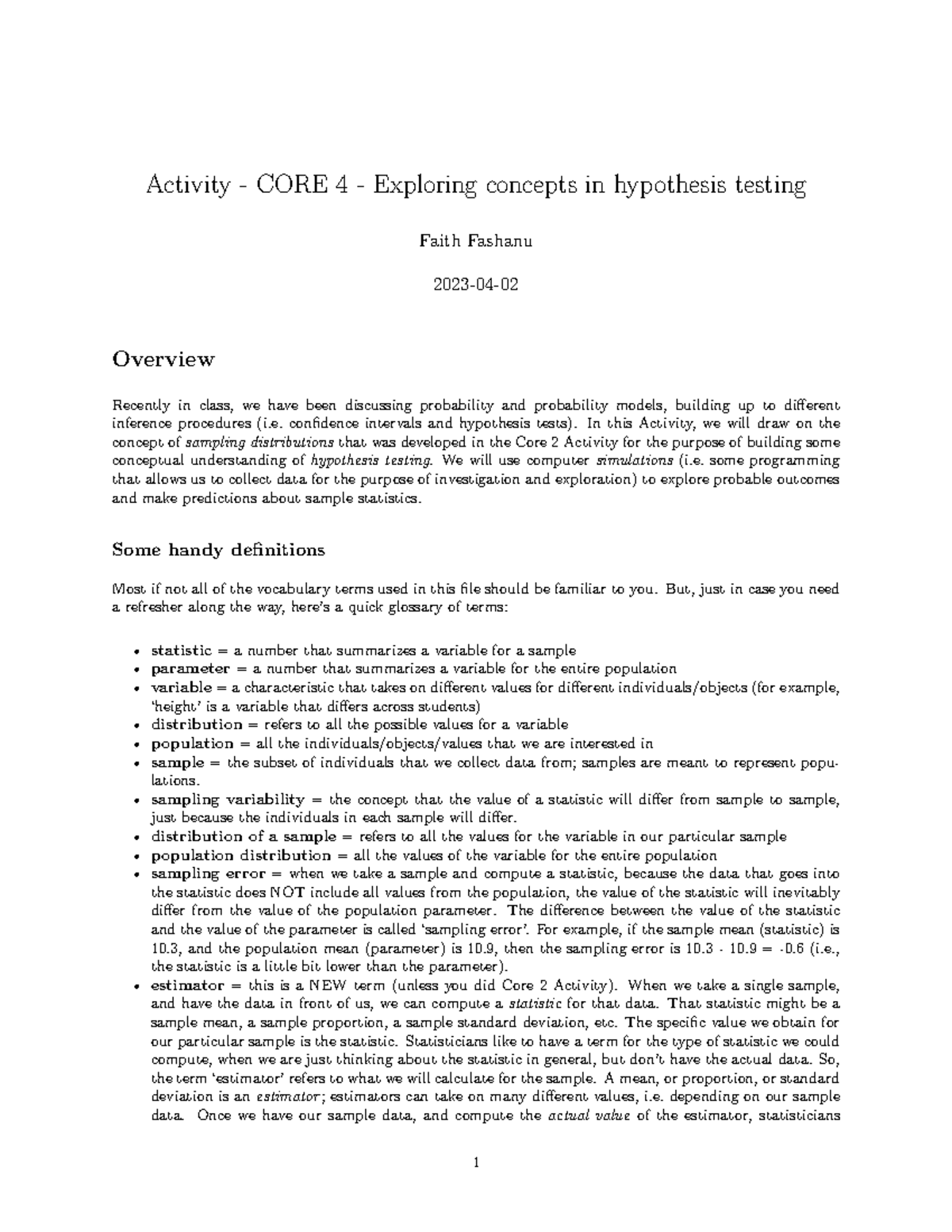 Activity CORE 4 Exploring concepts in hypothesis testing - Activity ...
