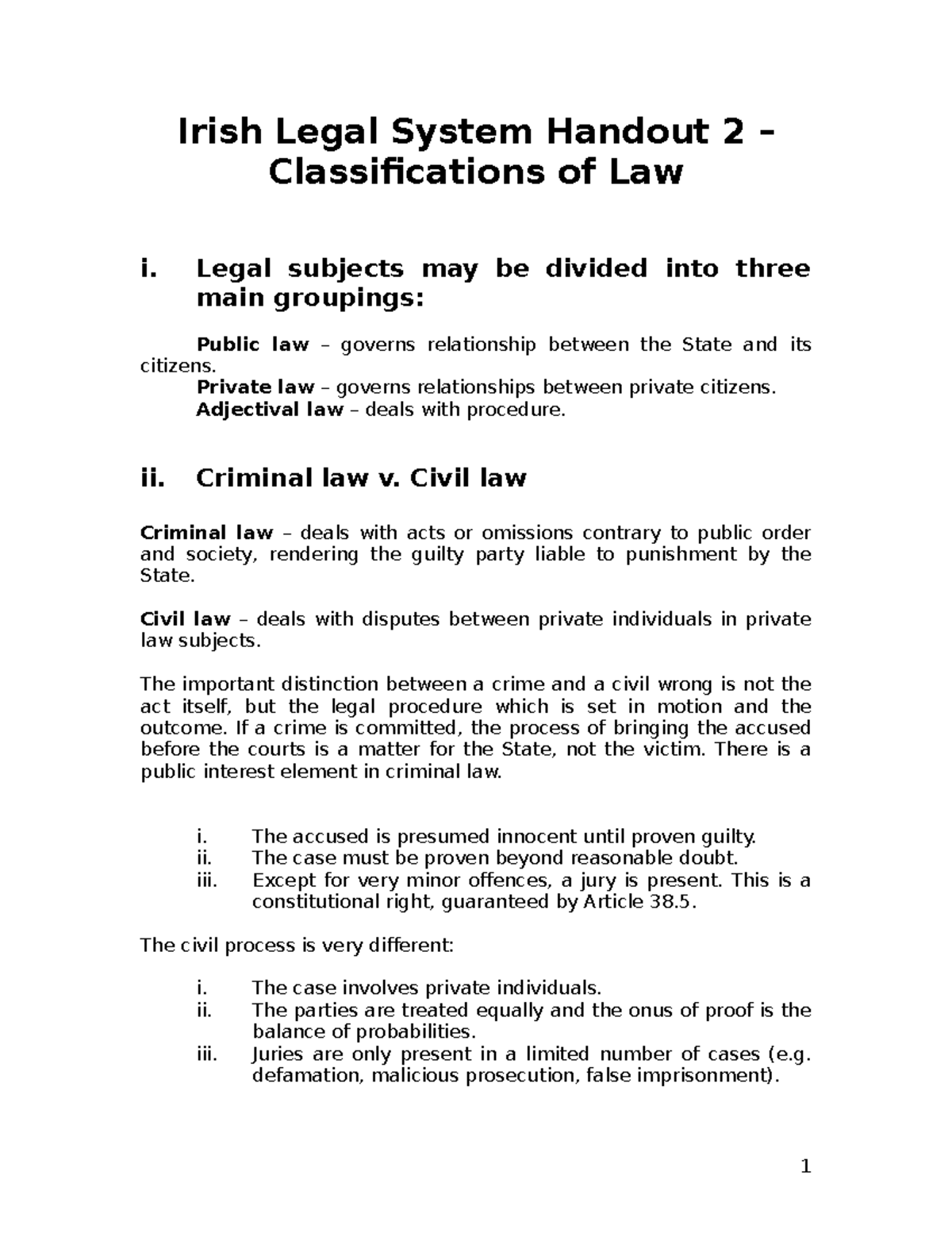 ILS Classifications ho 15 - Irish Legal System Handout 2 ...
