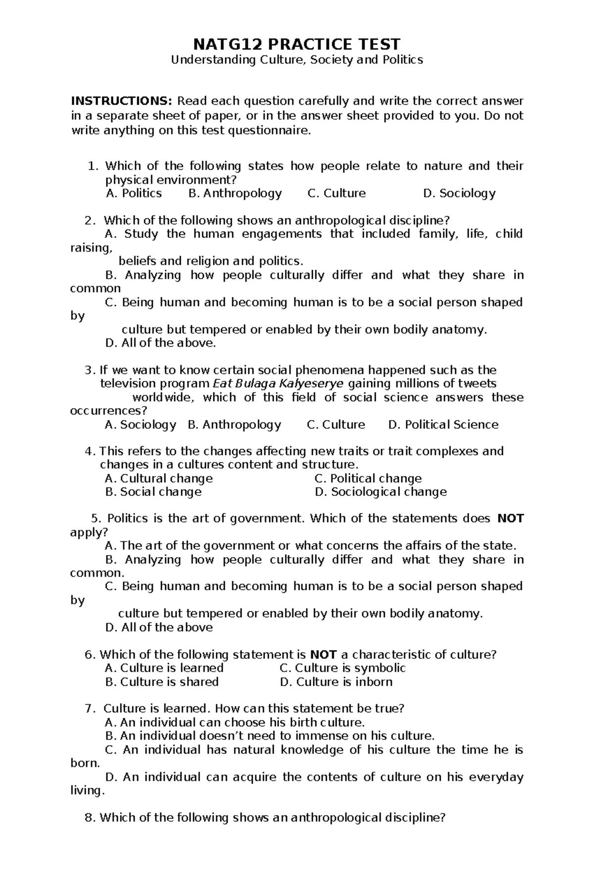 NATG12 Practice TEST1 - NATG12 PRACTICE TEST Understanding Culture ...
