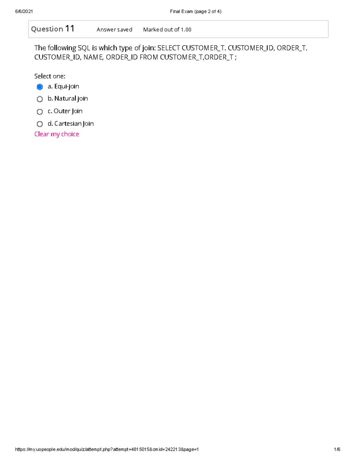 Final Exam (page 2 of 4) - Question 11 Answer saved Marked out of 1 ...