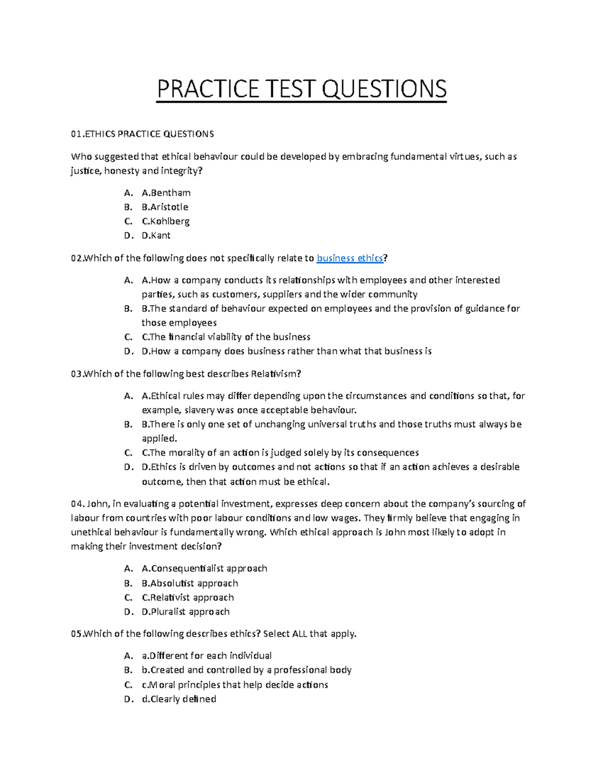 Practice TEST Questions - PRACTICE TEST QUESTIONS 01 PRACTICE QUESTIONS ...