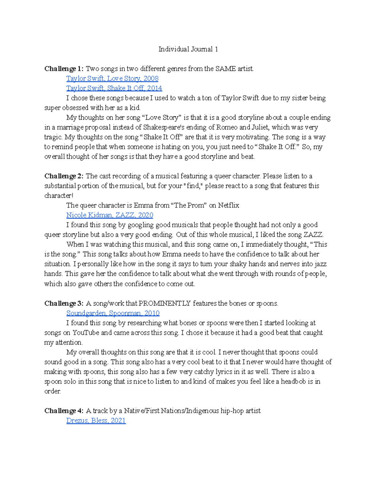 Listen Wider Journal 1 - Individual Journal 1 Challenge 1: Two songs in ...