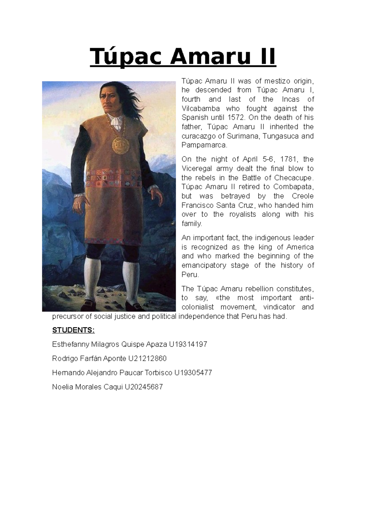 Túpac Amaru II week 4-2 - Túpac Amaru II Túpac Amaru II was of mestizo origin, he descended from ...