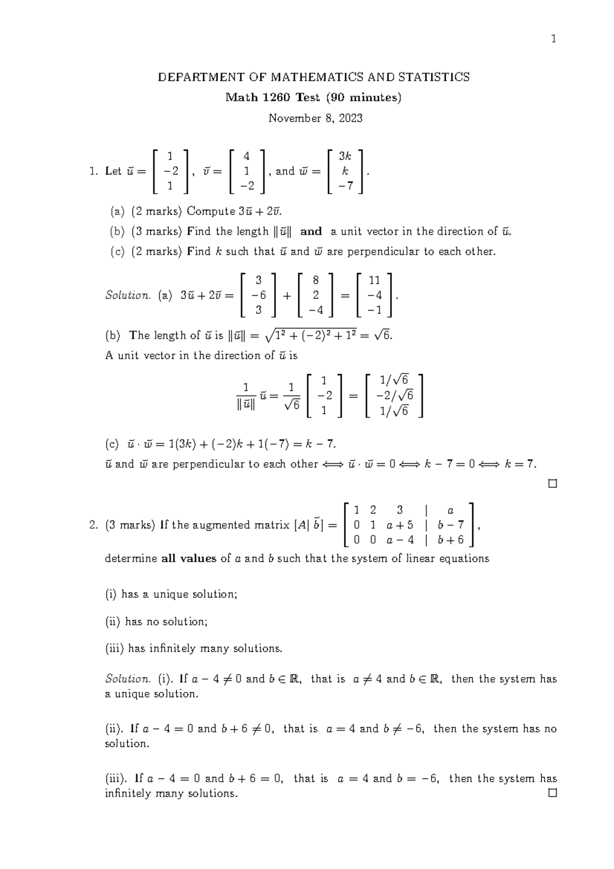 Linear Algebra Math1260Test Sol - DEPARTMENT OF MATHEMATICS AND ...