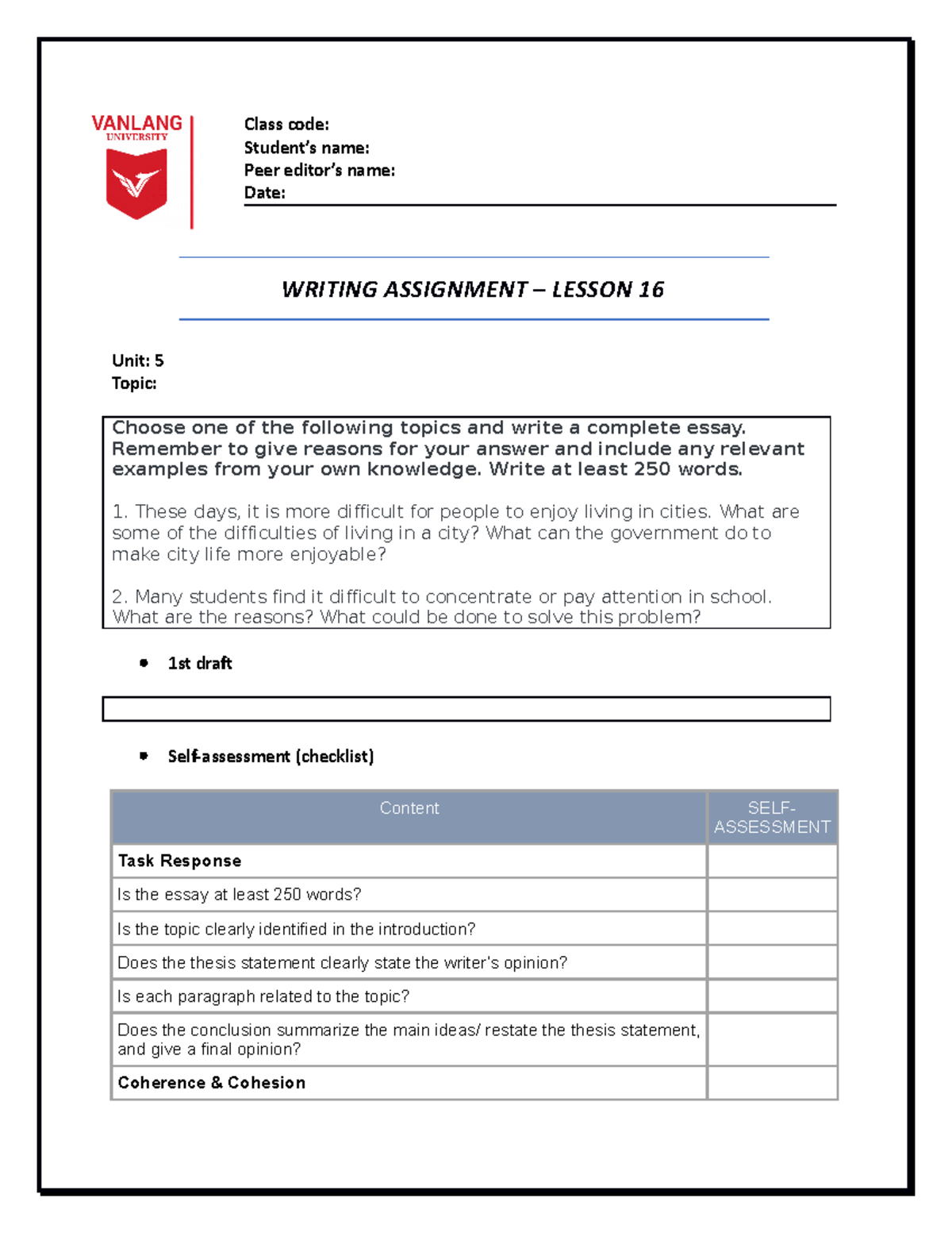 Template- Writing assignment 4 - Class code: Student’s name: Peer ...