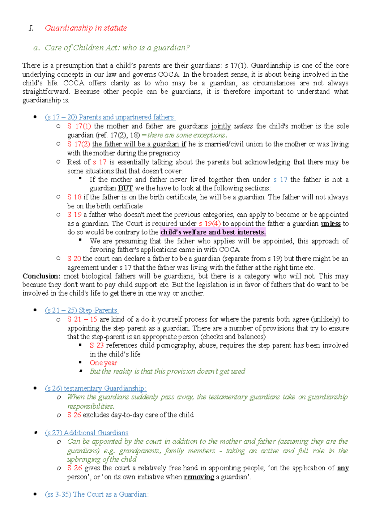 Summary of Guardianship - I. Guardianship in statute a. Care of ...
