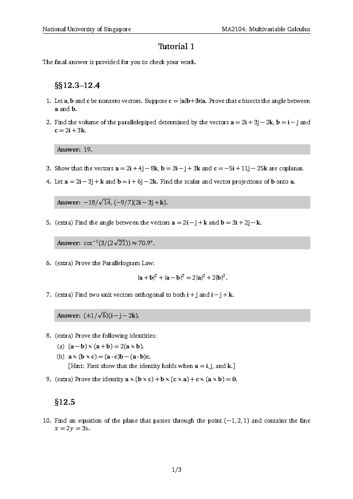 Tutorial 1 - semester1 - National University of Singapore MA2104: Multivariable Calculus ...