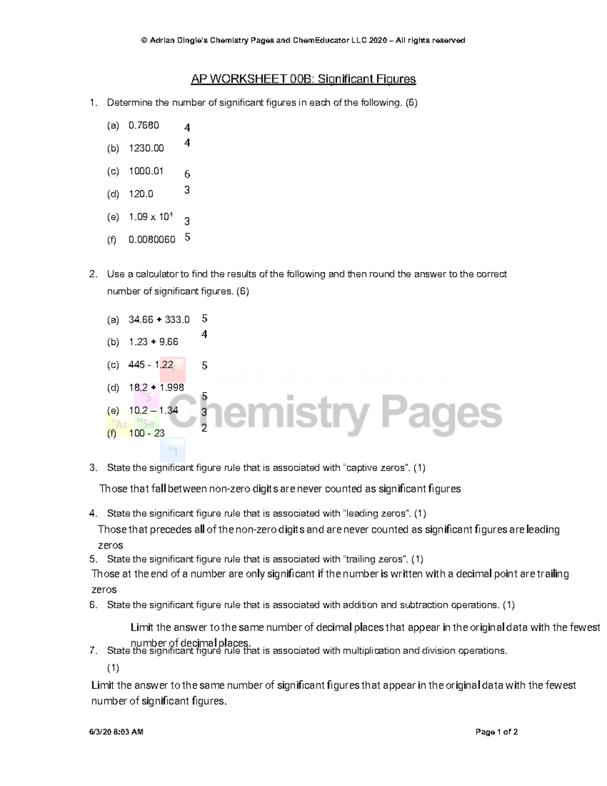 Preamble Sig Fig WS 2020 - © Adrian Dingle’s Chemistry Pages and ...