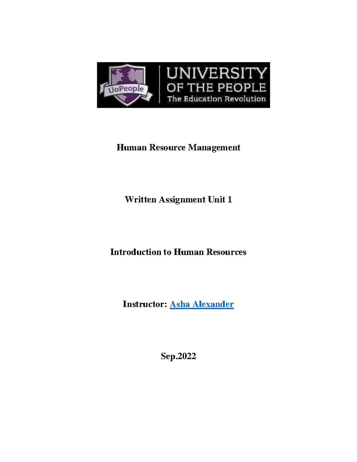 Written Assignment - Human Resource Management Written Assignment Unit 1 Introduction to Human ...