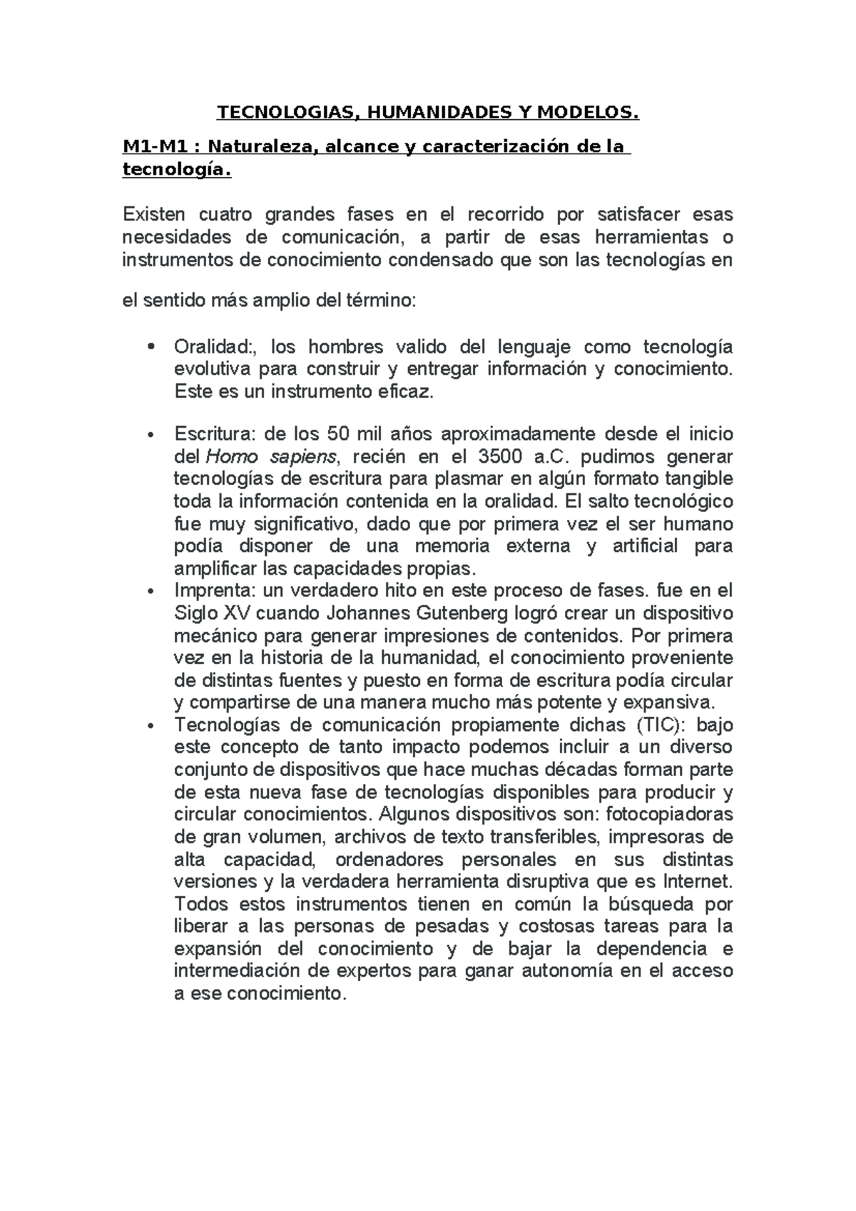 TEC M1 - apuntes mec trabajo 1 - TECNOLOGIAS, HUMANIDADES Y MODELOS. M1 ...