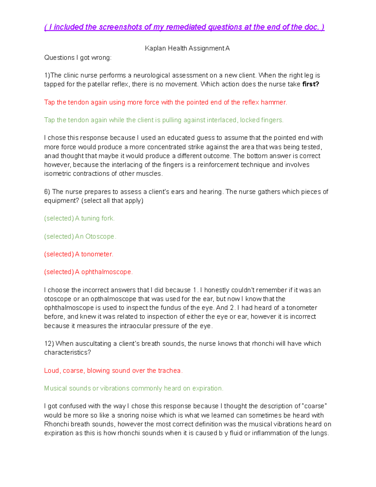 Kaplan Health Assignment A - Kaplan Health Assignment A Questions I got ...