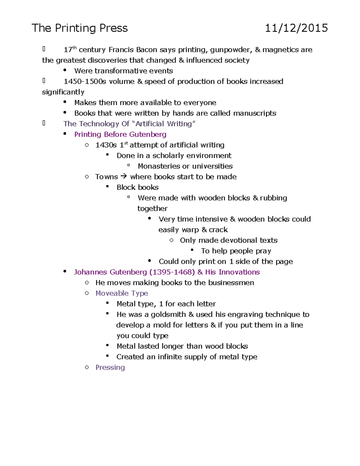 The Printing Press - Outline combining book & class notes - The ...