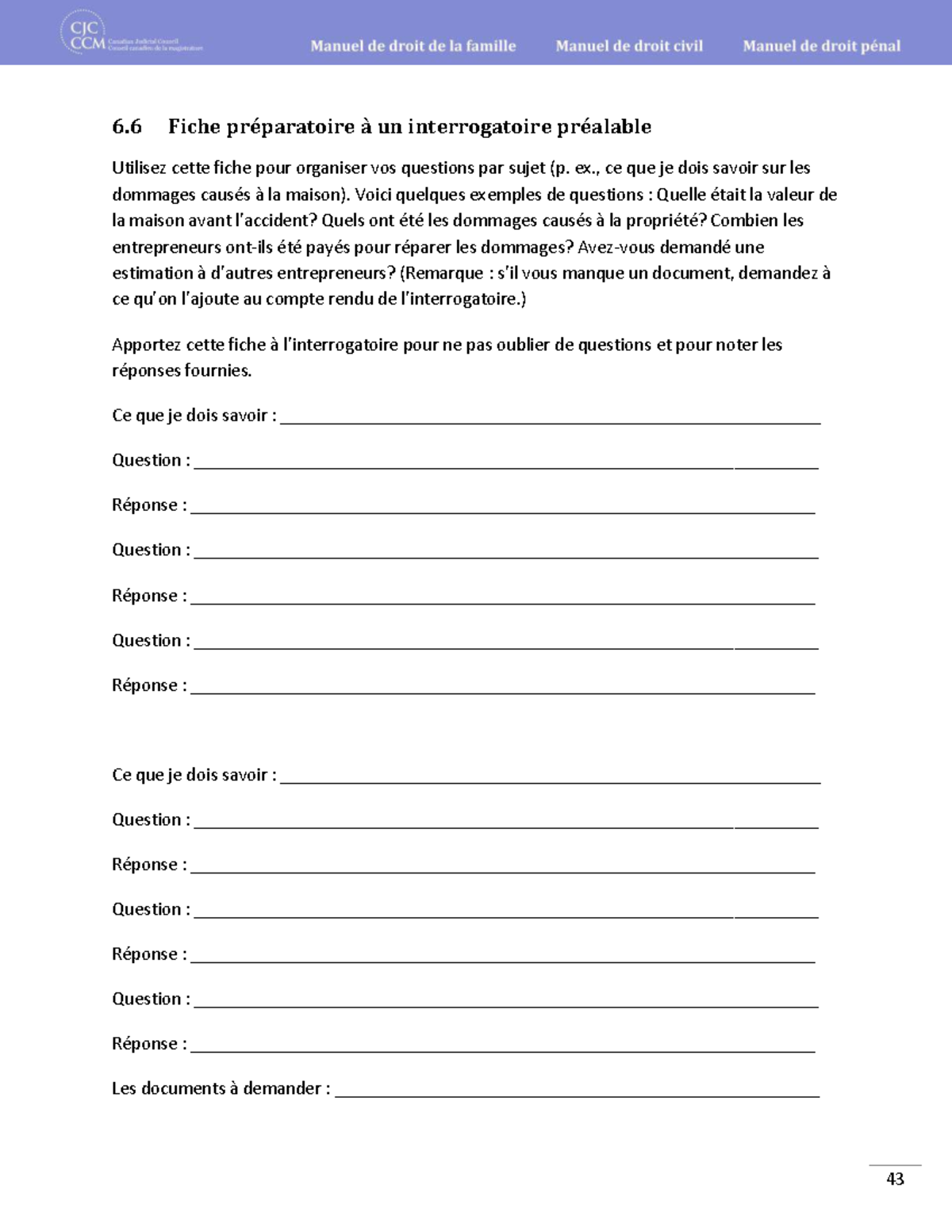 Droit civil 4 - Cours - 6 Fiche préparatoire à un interrogatoire ...