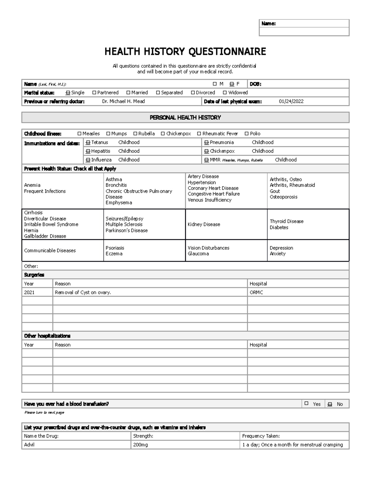 Health History Questionnaire NSG121 - Name: HEALTH HISTORY ...