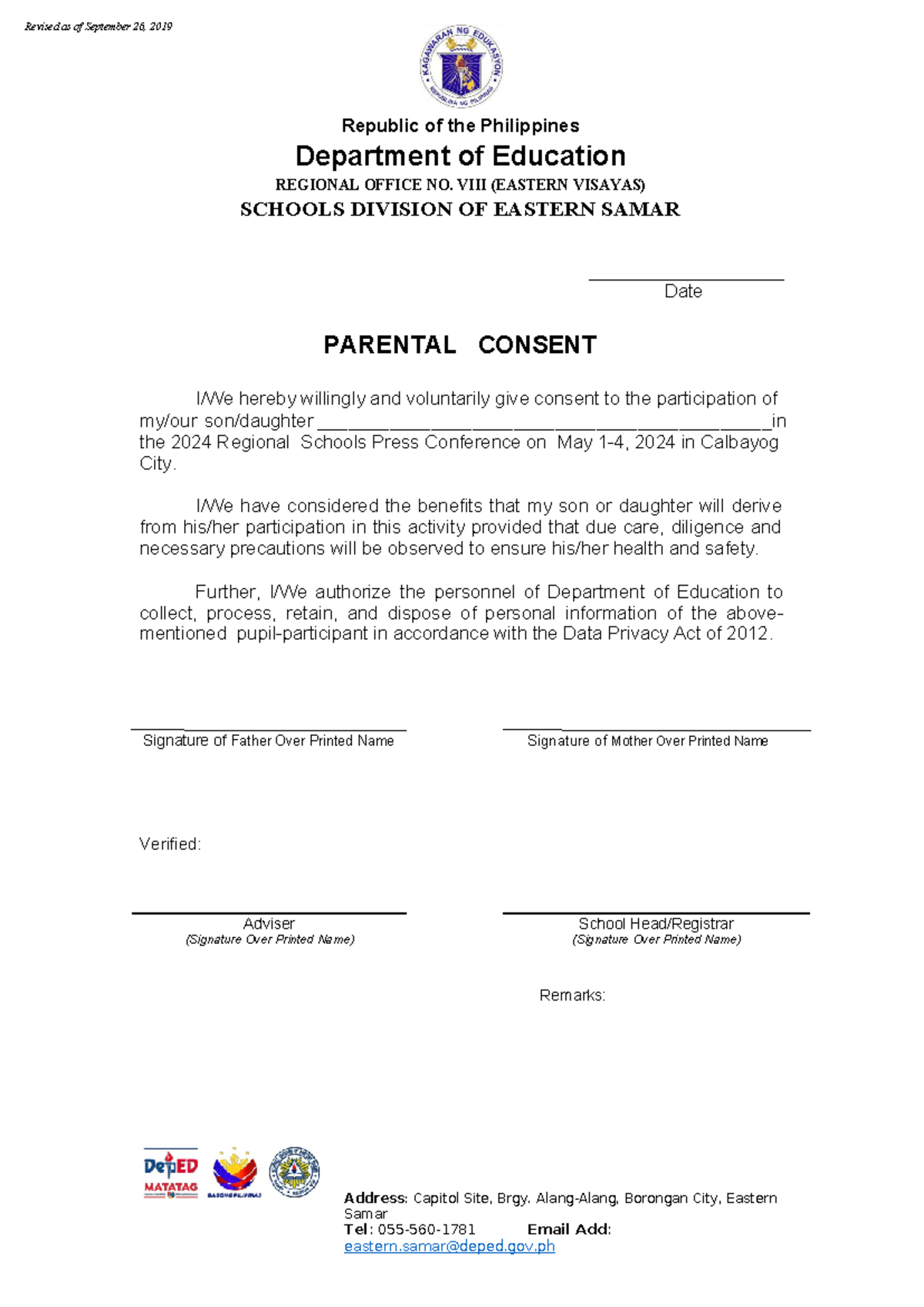 2024- RSPC Parental Consent - Revised as of September 26, 2019 Republic ...