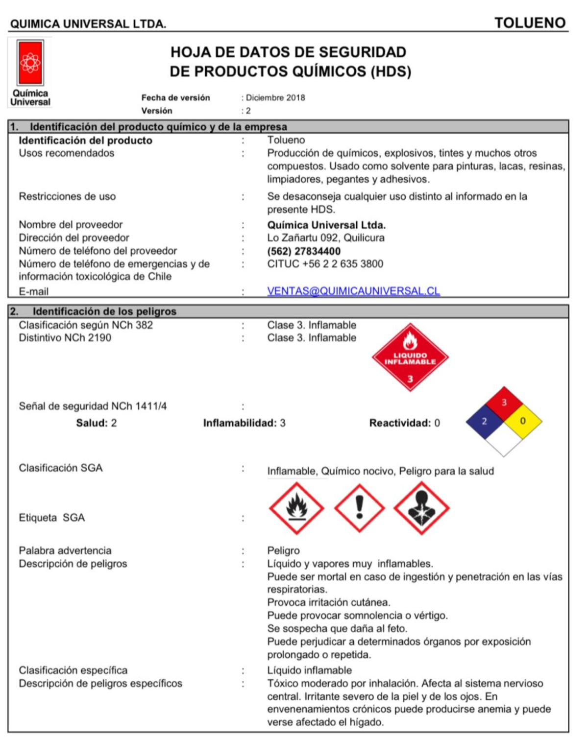 Tolueno - Hoja de seguridad - Fundamentos de la química - Studocu