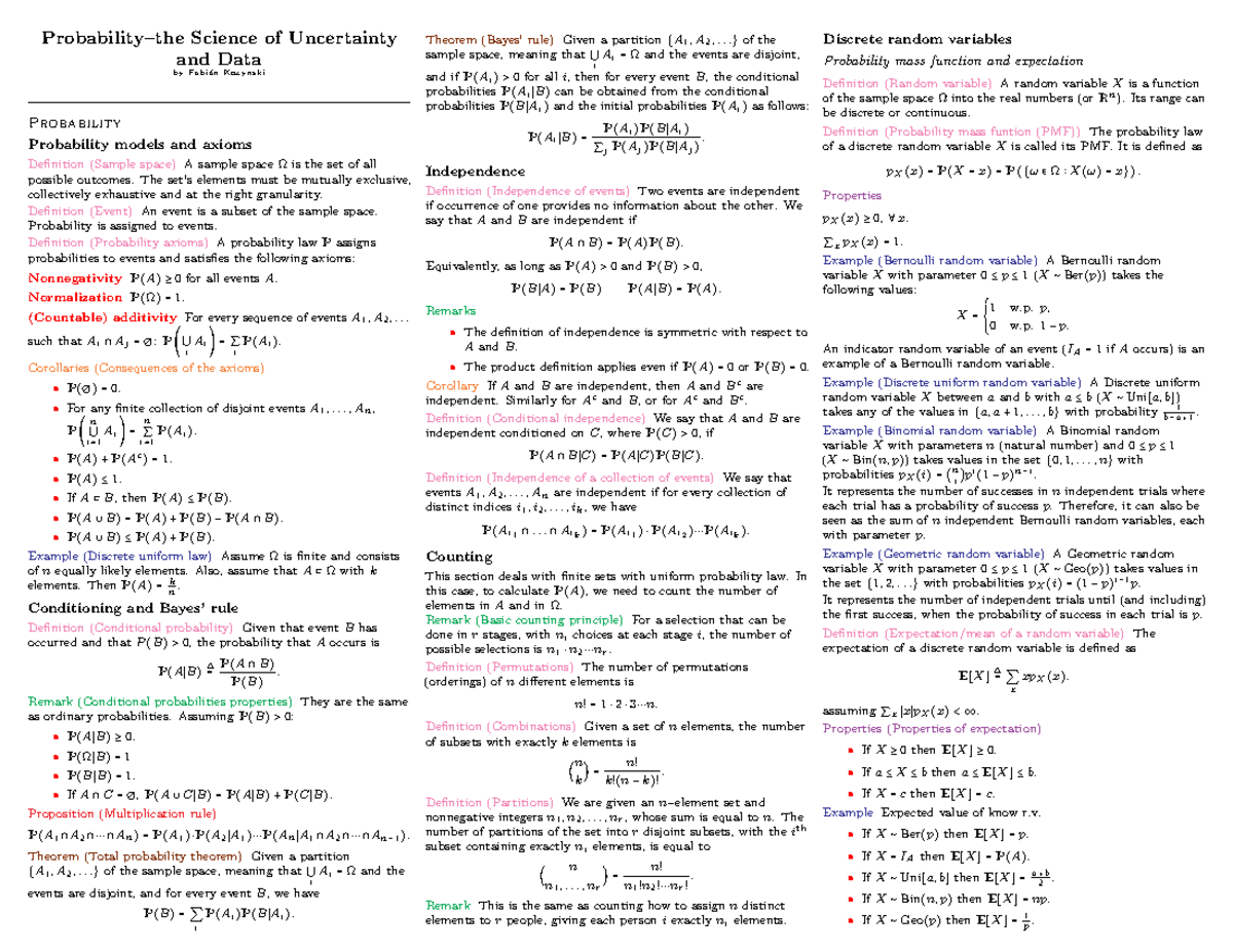 Resources Cheatsheet - pruebas - Probability–the Science of Uncertainty and Data by Fabi ́an ...