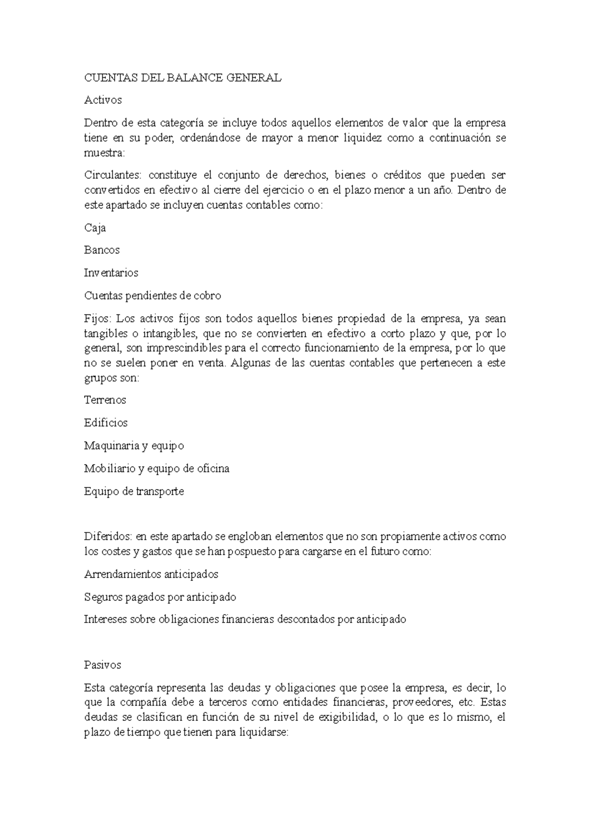 Cuentas DEL Balance General - CUENTAS DEL BALANCE GENERAL Activos ...