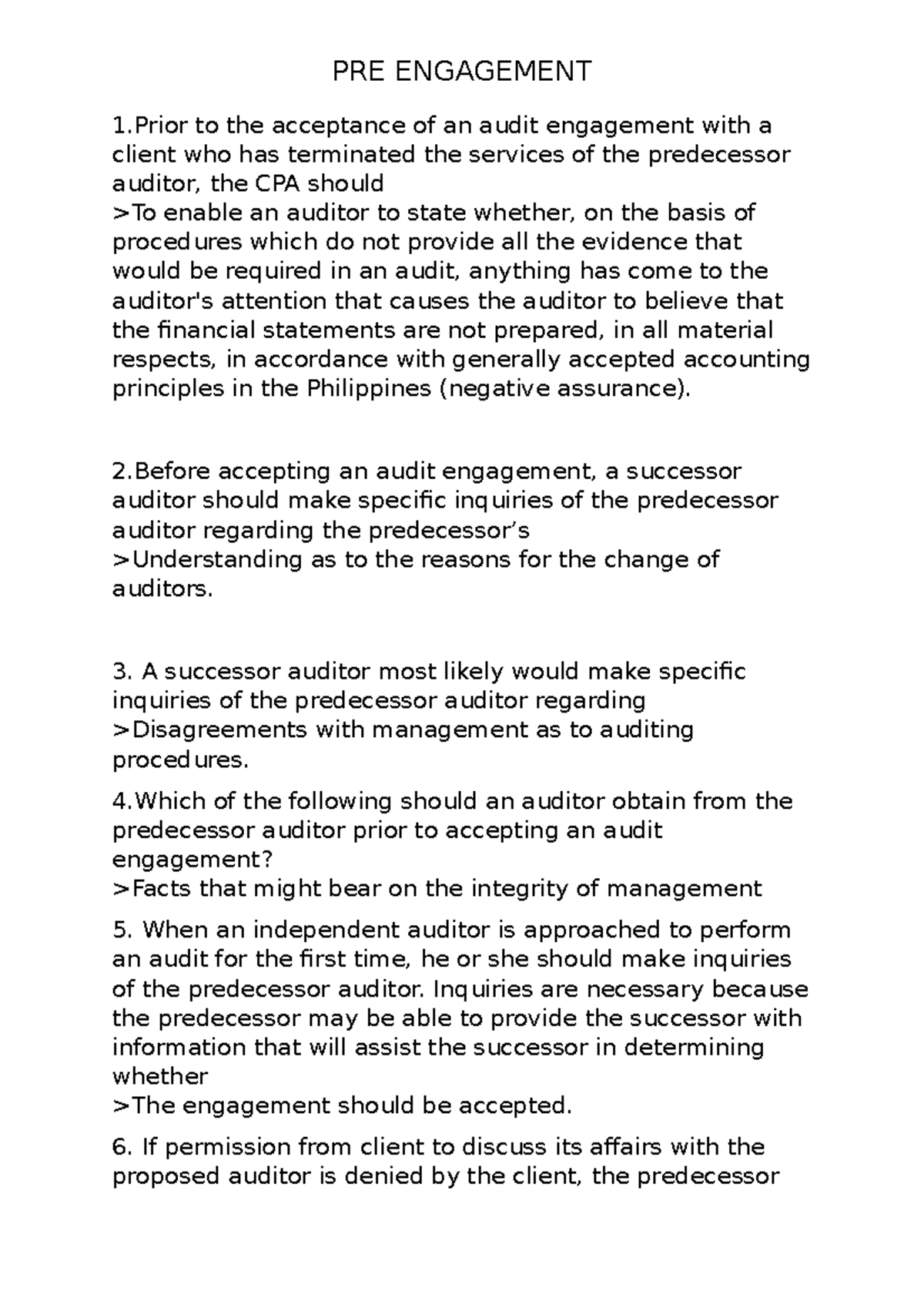 2ND YEAR 2ND SEM MIDTERMS AUDITING THEORY 1 - PRE ENGAGEMENT 1 to the ...