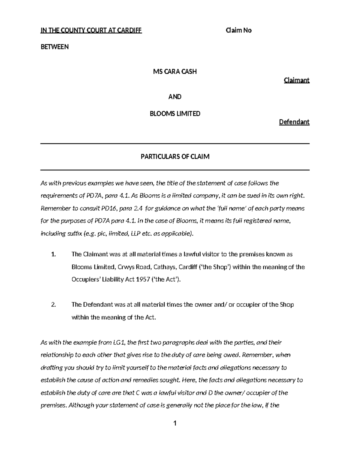 SG1 Example Particulars of Claim and Schedule of Losses and Expenses ...
