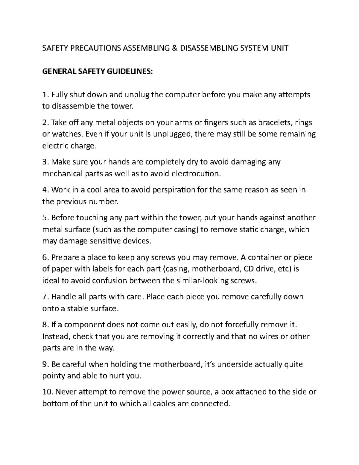 Safety Precautions ( Working Place) - SAFETY PRECAUTIONS ASSEMBLING ...