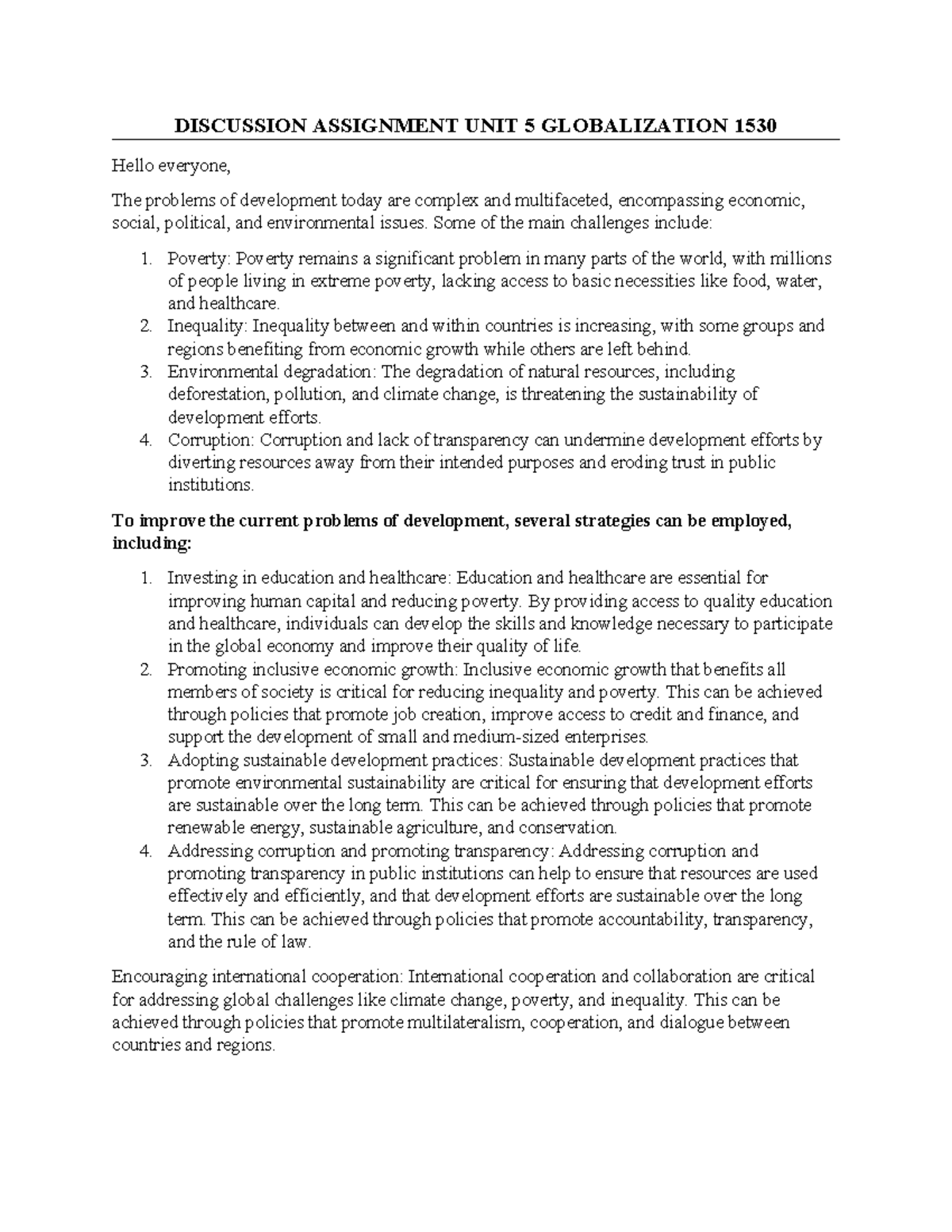 Discussion Assignment 5 - DISCUSSION ASSIGNMENT UNIT 5 GLOBALIZATION ...