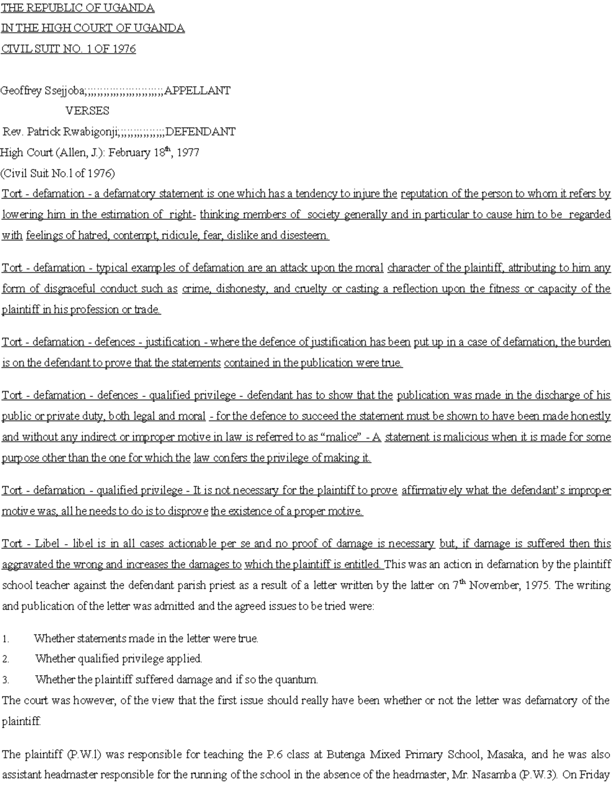 Ssejjoba v Rwabigonji (Civil Suit No 1 of 1976) 1977 Ughccd 1 (18 ...