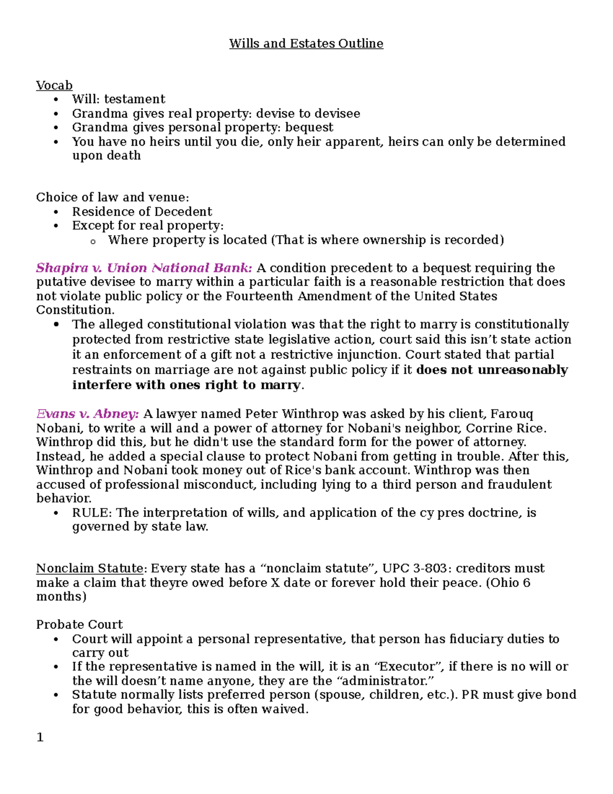 My wills outline - Wills and Estates Outline Vocab Will: testament ...