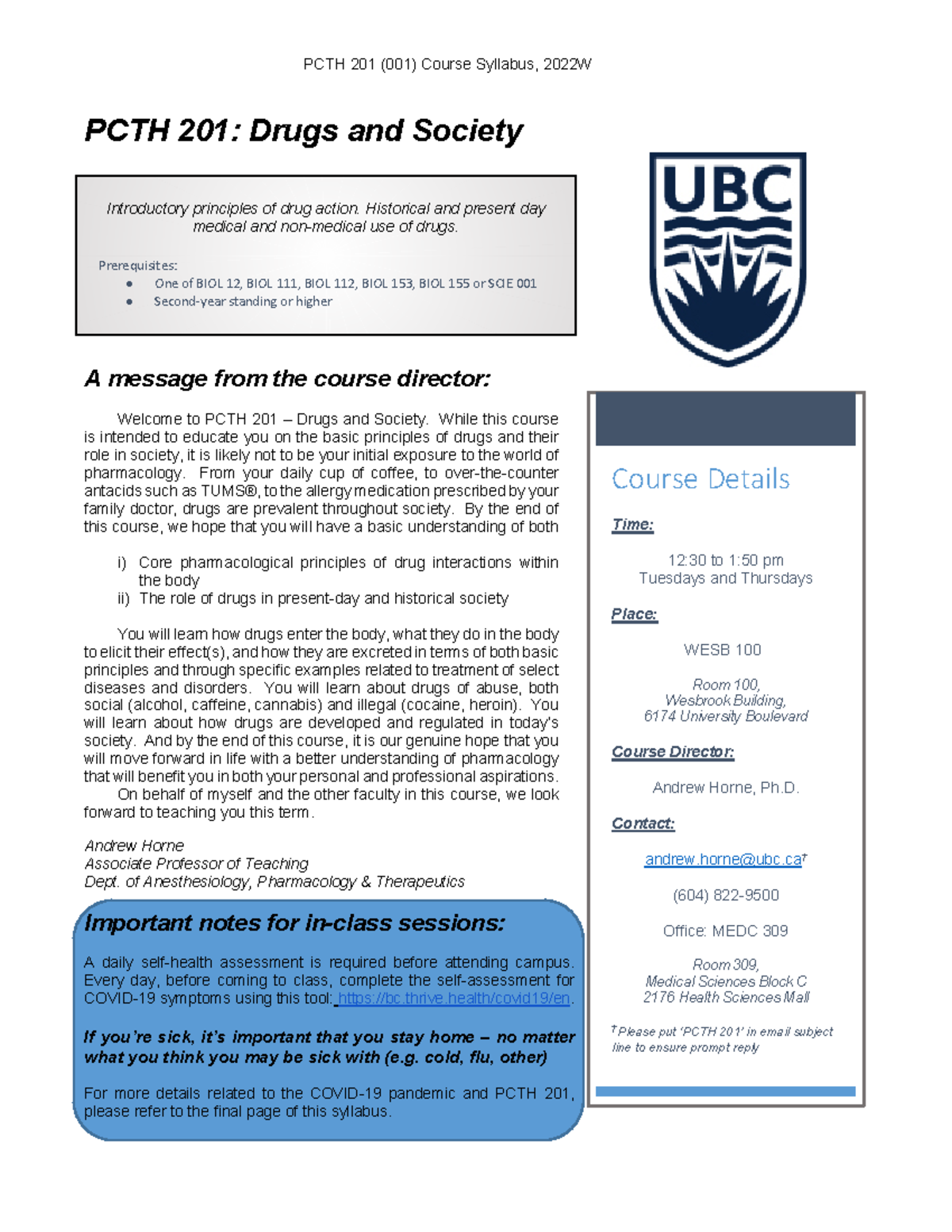 2022W PCTH 201 Course Syllabus - PCTH 201: Drugs and Society A message ...