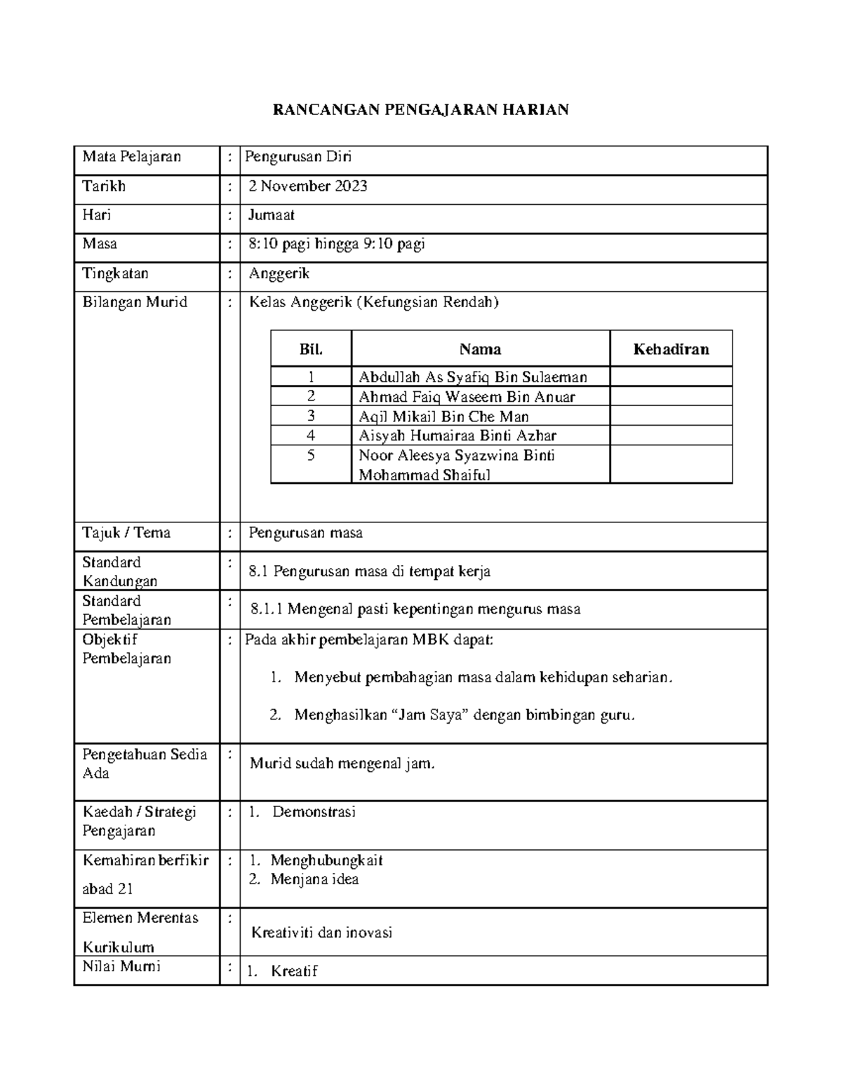 Contoh penulisan RPH - RANCANGAN PENGAJARAN HARIAN Mata Pelajaran ...