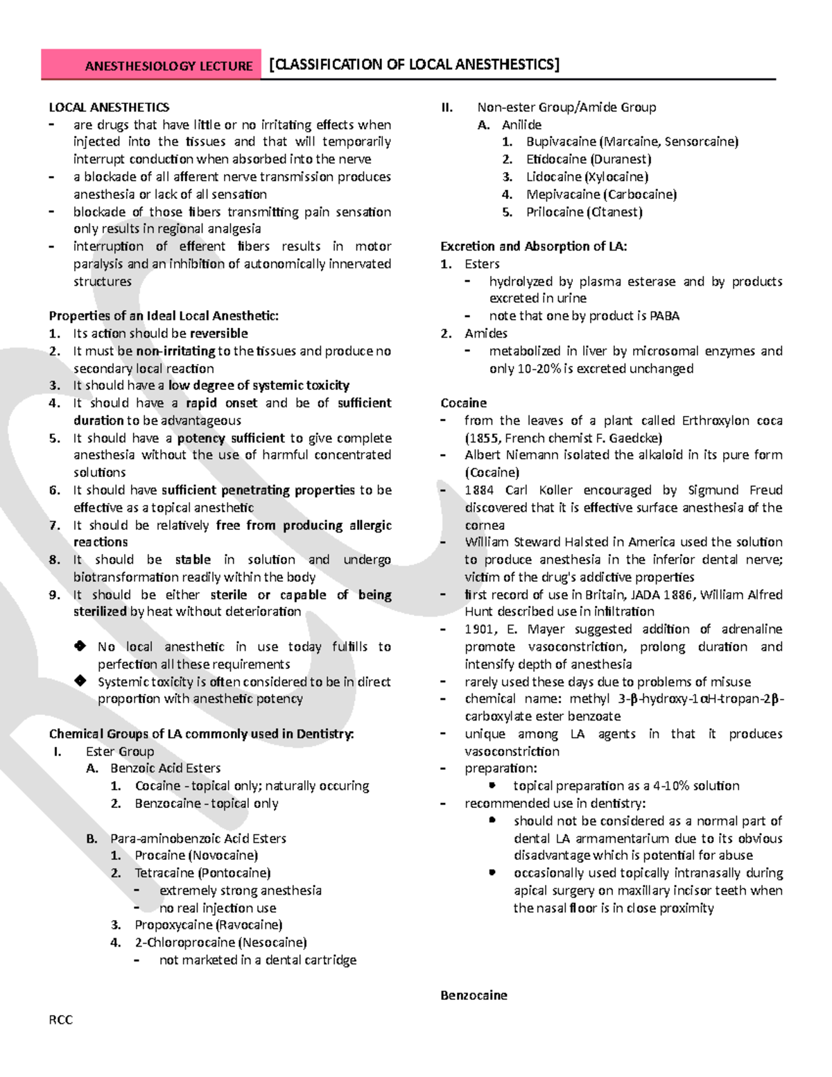Anesthesiology - Classification of Local Anesthetics - LOCAL ...