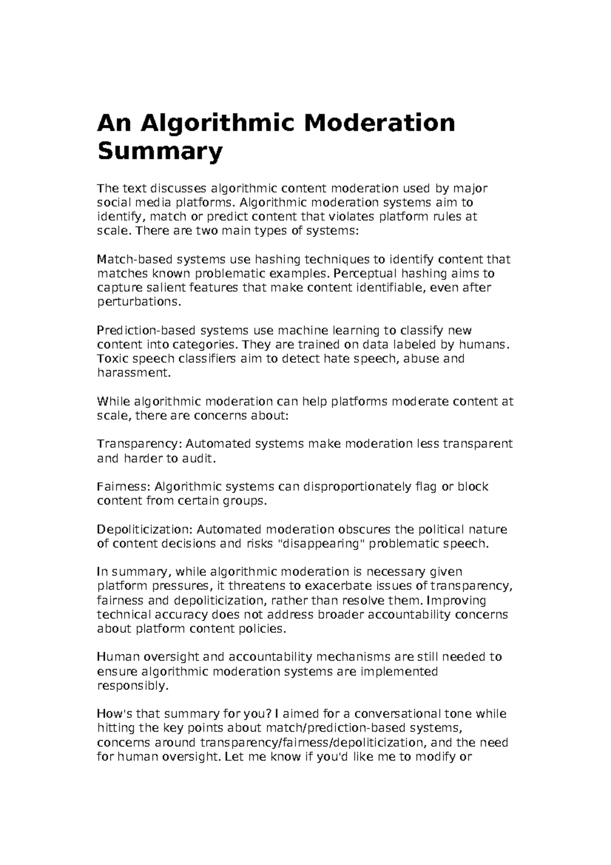 An Algorithmic Moderation Summary An Algorithmic Moderation Summary